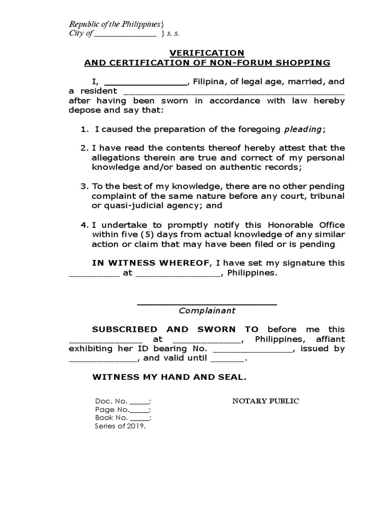 Verification of Non-Forum Shopping | PDF | Politics | Law