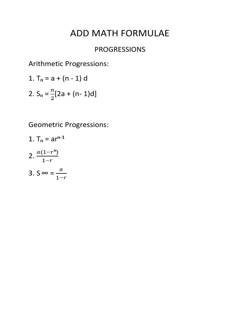 Math Formulas: Progressions & Integration | PDF