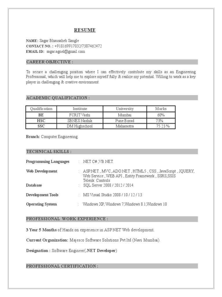 Resume: Name Contact No Email Id | PDF | J Query | Java Script