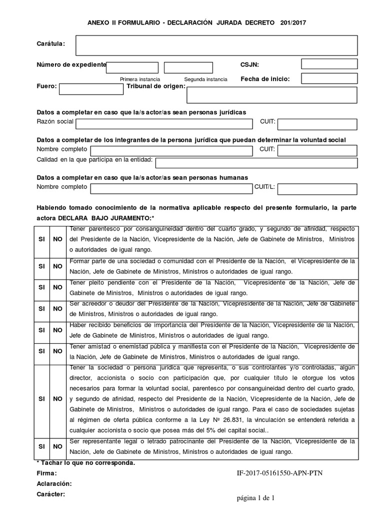 Formulario Declaración Jurada Decreto 201/2017 | PDF | Nación | Parentesco