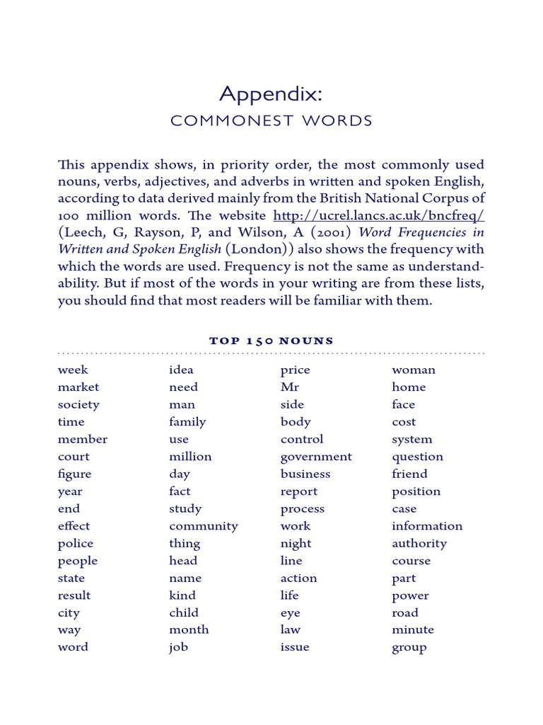 Appendix: Commonest Words: Writt en and Spoken English (London) ) Also ...