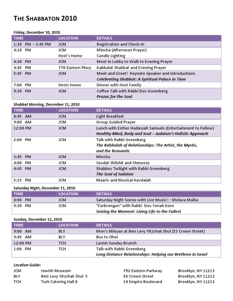 The Shabbaton 2010 - Schedule | PDF | Shabbat | Jewish Prayer