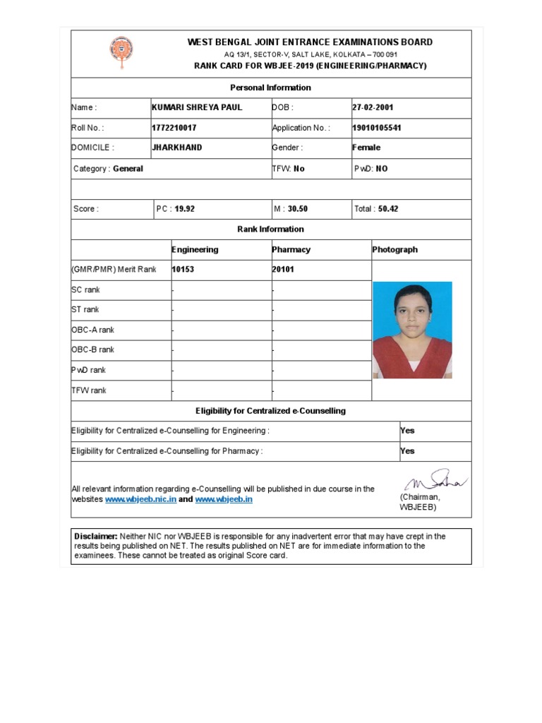 WBJEE Rank Card PDF | PDF