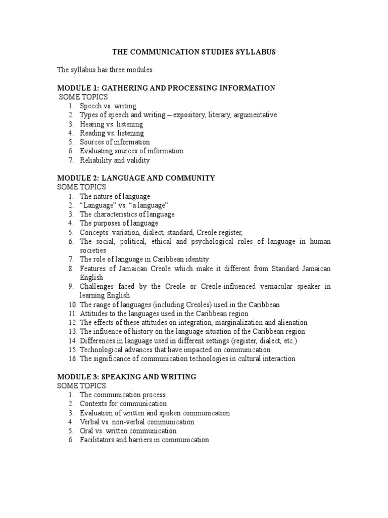 CAPE Communication Studies Syllabus 2025 | PDF | Communication ...