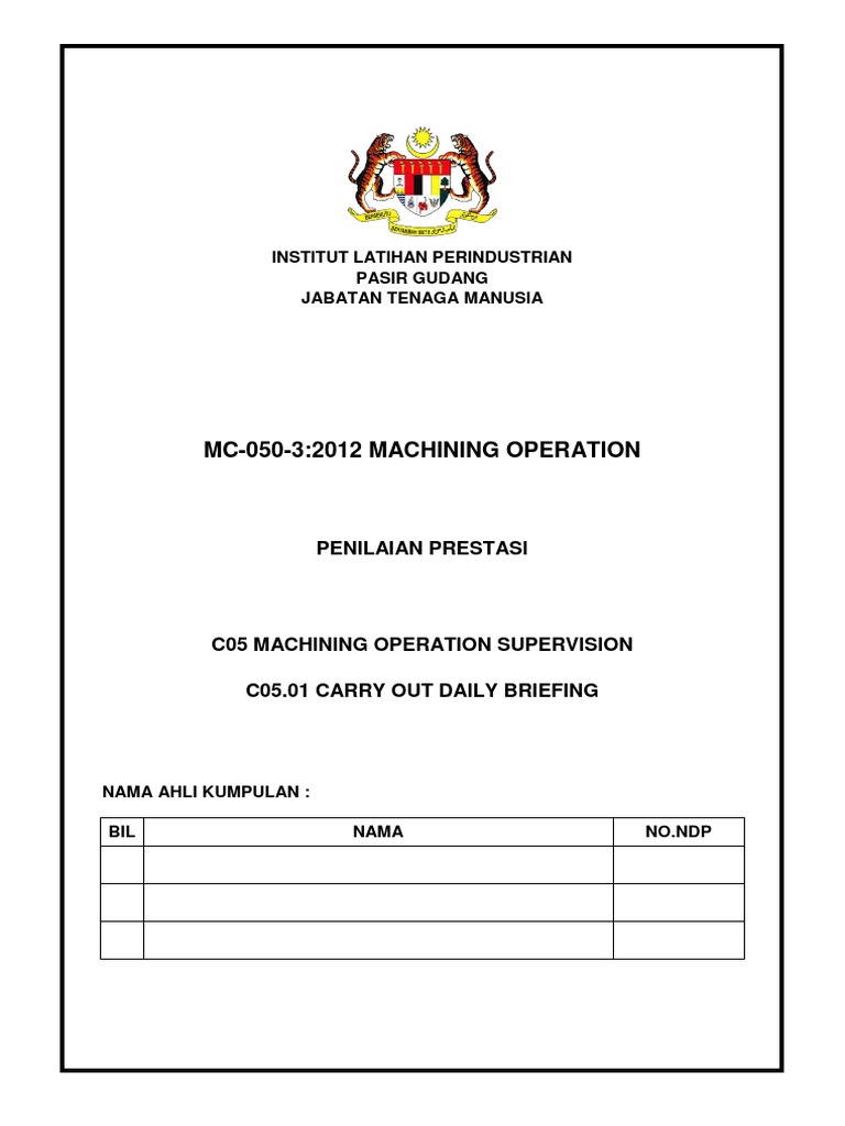 MC-050-3:2012 MACHINING OPERATION: Institut Latihan Perindustrian Pasir Gudang Jabatan Tenaga ...