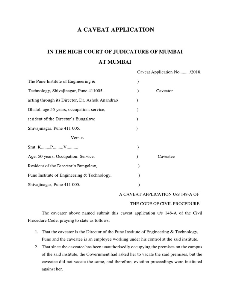 A Caveat Application: in The High Court of Judicature of Mumbai at ...
