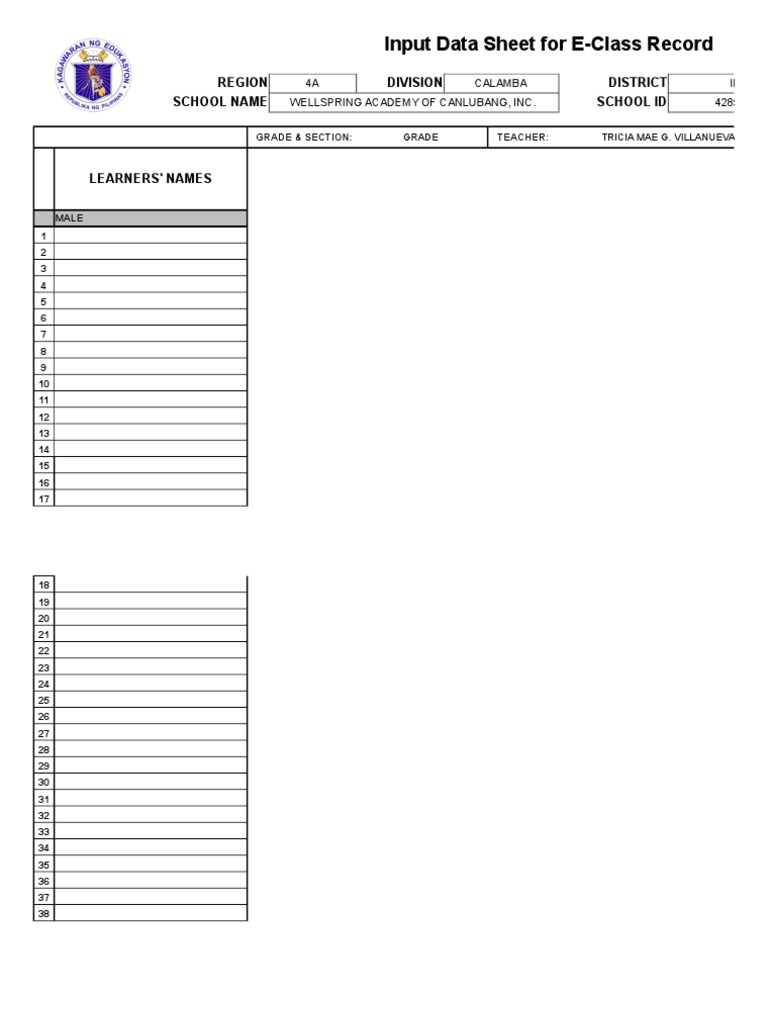 Input Data Sheet For E-Class Record: Region Division District School ...