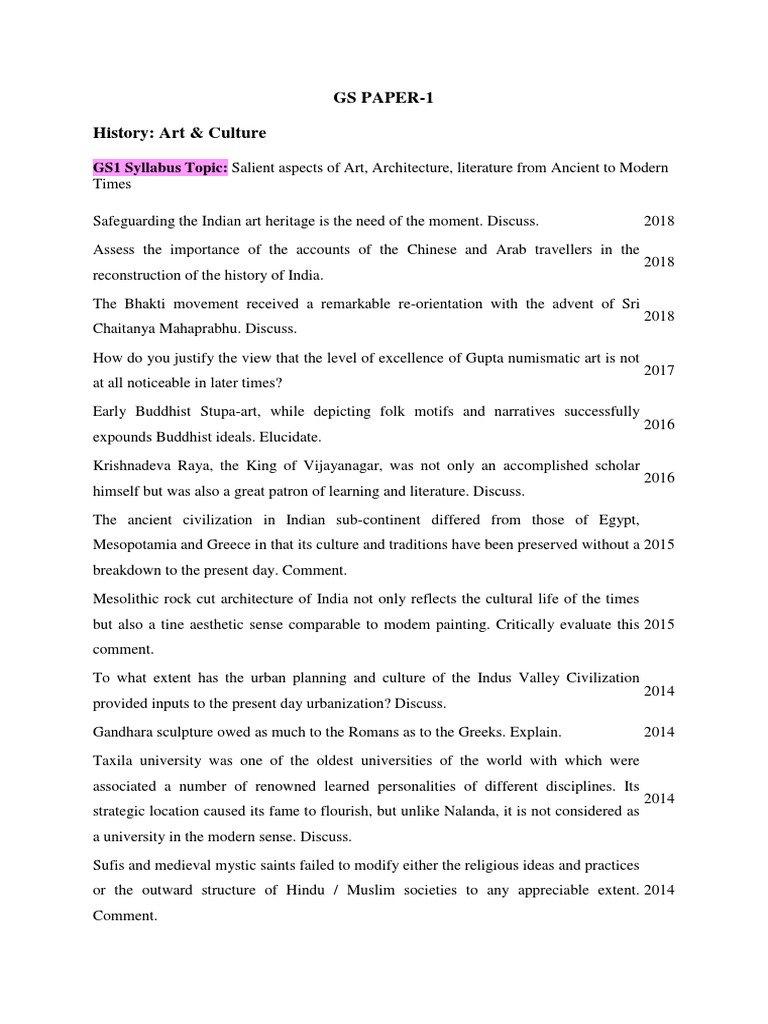 Gs Paper 1 Topic Wise Questions | PDF | Globalization | Monsoon