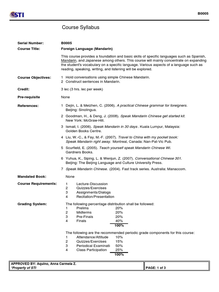 Mandarin Language Course Syllabus | PDF | Tone (Linguistics) | Mandarin ...