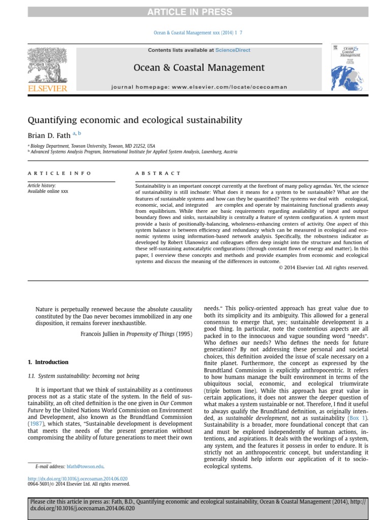 Ocean & Coastal Management: Brian D. Fath | PDF | Sustainability | Ecology