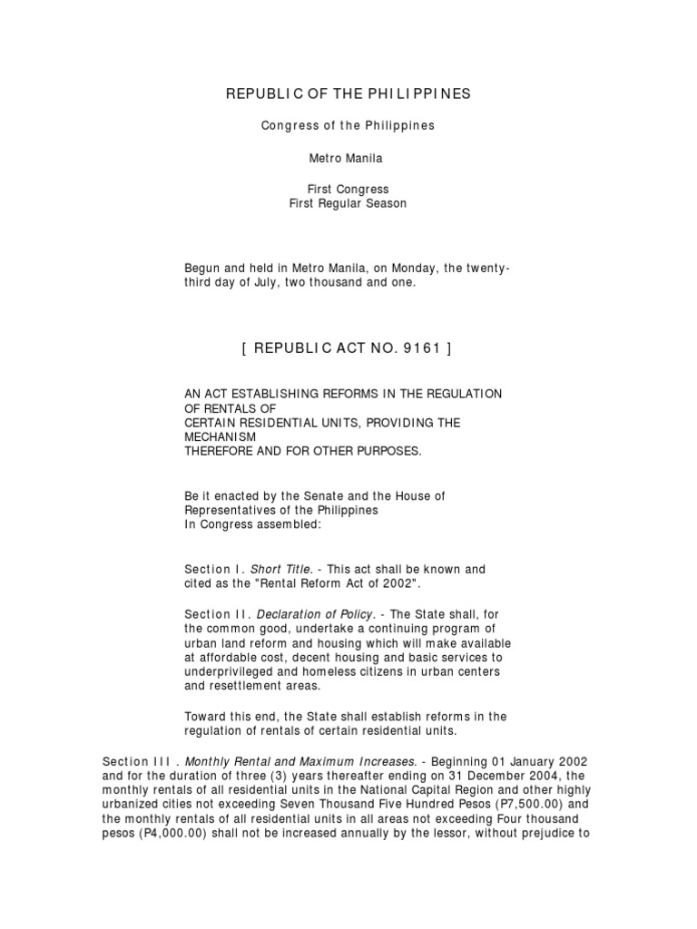 Ra 9161 | PDF | Lease | Government