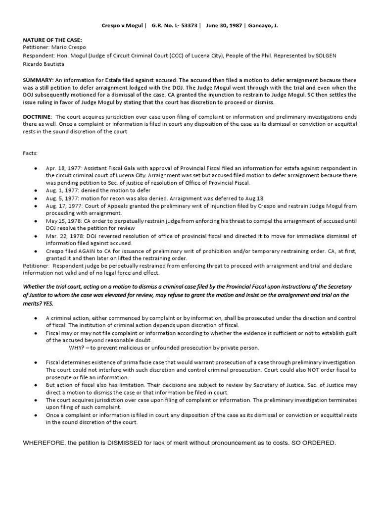 Crespo V Mogul (1987) | PDF | Complaint | Prosecutor