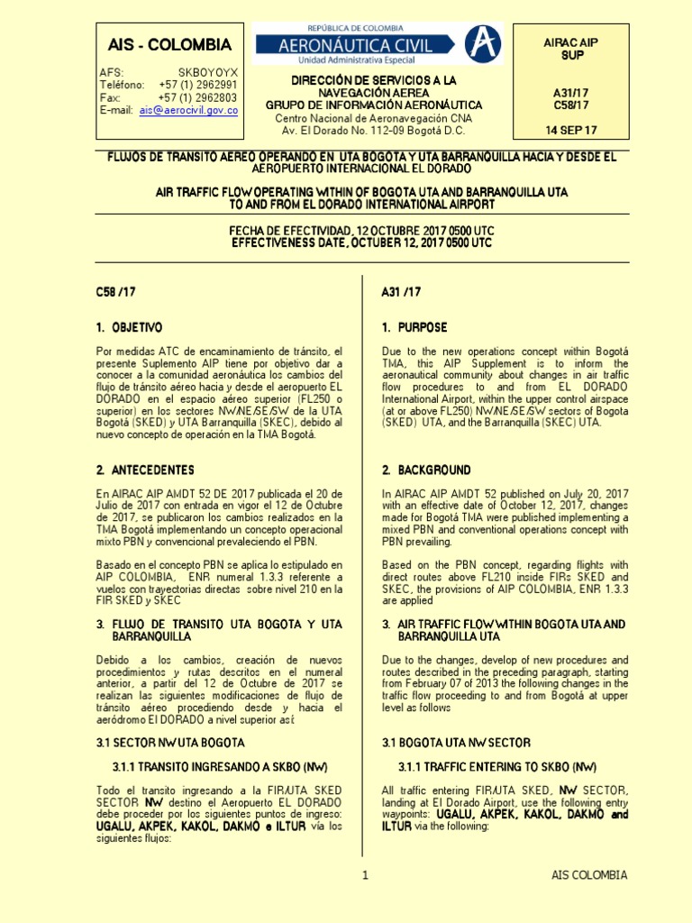 Aip Sup C58 A31 2017 Skbo | PDF | Control de tráfico aéreo | Seguridad de transporte