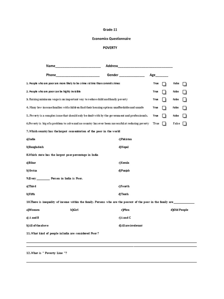Grade-11 Economics Questionnaire on Poverty | PDF | Poverty | Poverty ...