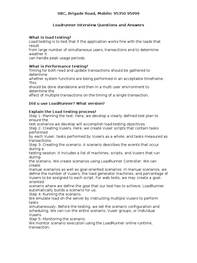 IIBC, Brigade Road, Mobile: 95350 95999 Loadrunner Interview Questions and Answers | PDF | Web ...