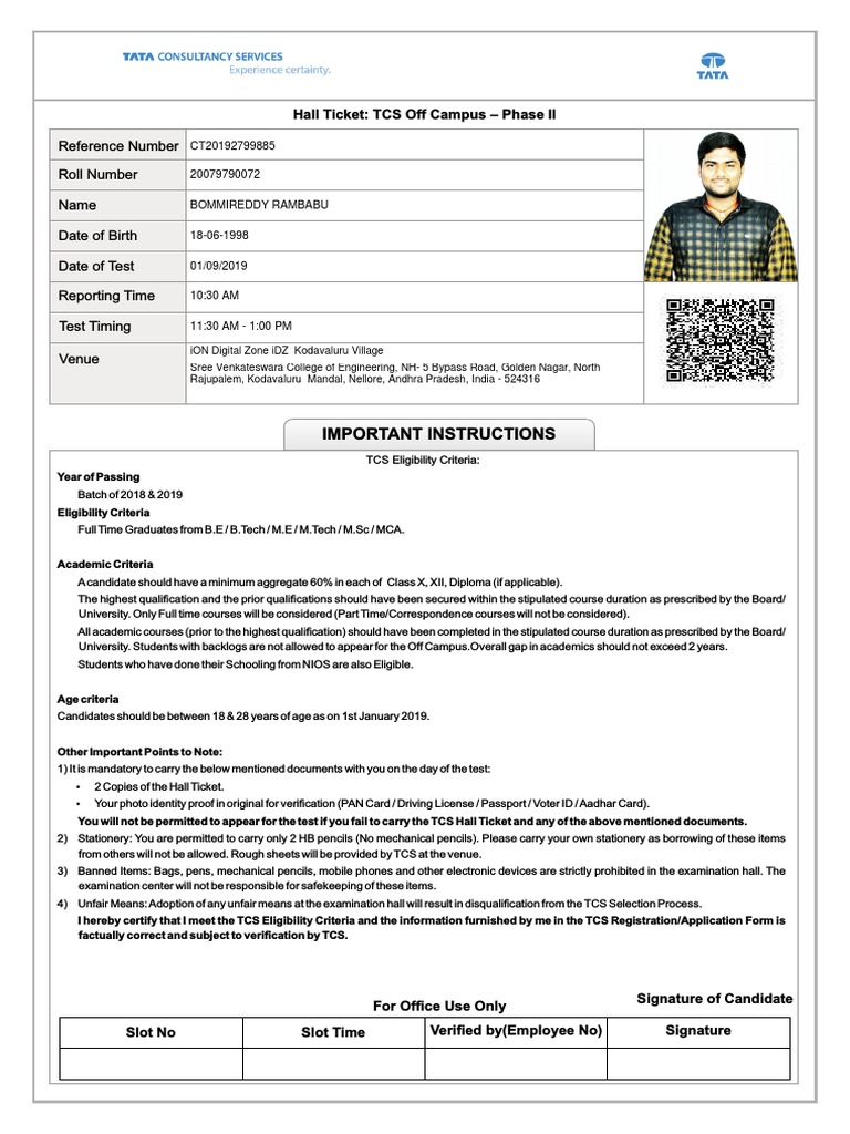 Hall Ticket: TCS Off Campus - Phase II: Reference Number Roll Number ...