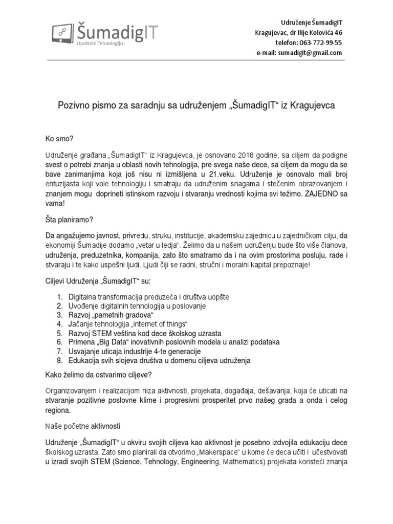 Pozivno Pismo Za Saradnju | PDF