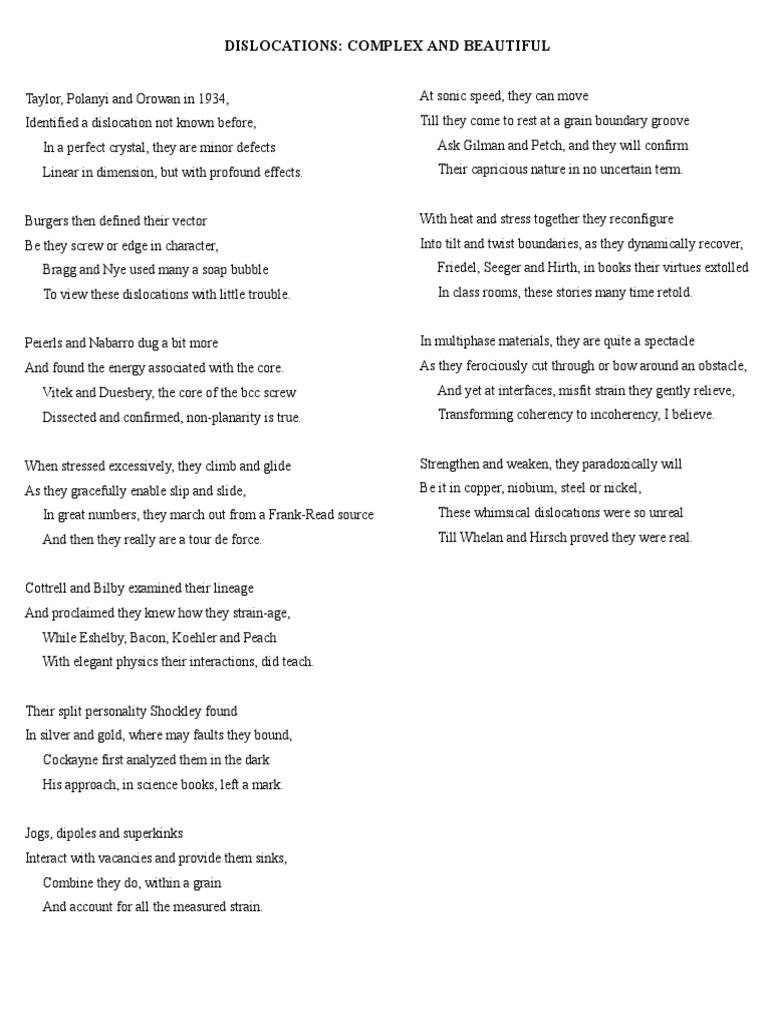 Poem On Dislocations | PDF | Dislocation | Chemical Product Engineering