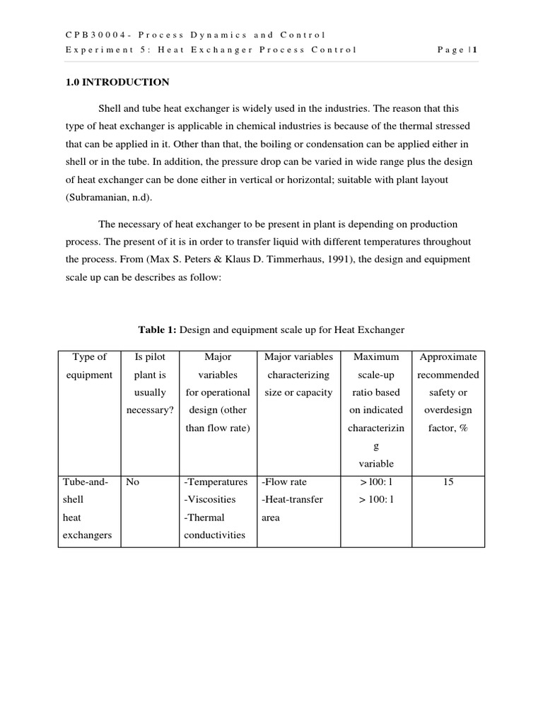 Process Dynamics and Control Experiment 5 Heat Exchanger Process ...
