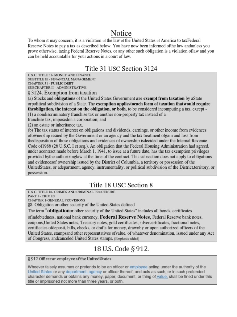 31 usc 3124, 18 usc 8, 18 usc 912 | United States Code | Taxes