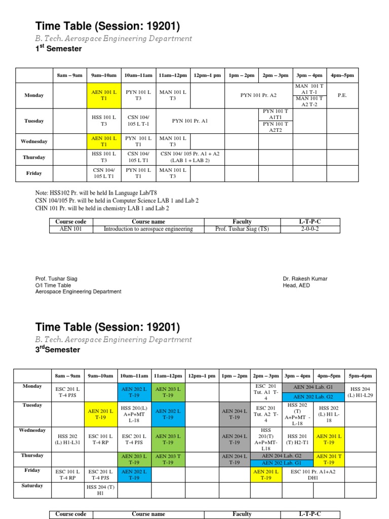Time Table (Session: 19201) : 1 Semester | PDF | Aviation | Aerospace