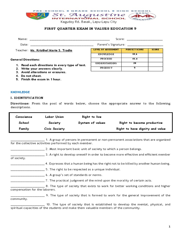 First Quarter Exam in Values Education 9: Kagudoy Rd. Basak, Lapu-Lapu ...