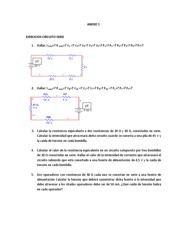 ANEXO 1. Ejercicios Circuito Serie, Paralelo y Mixto | PDF | Resistencia Eléctrica y ...