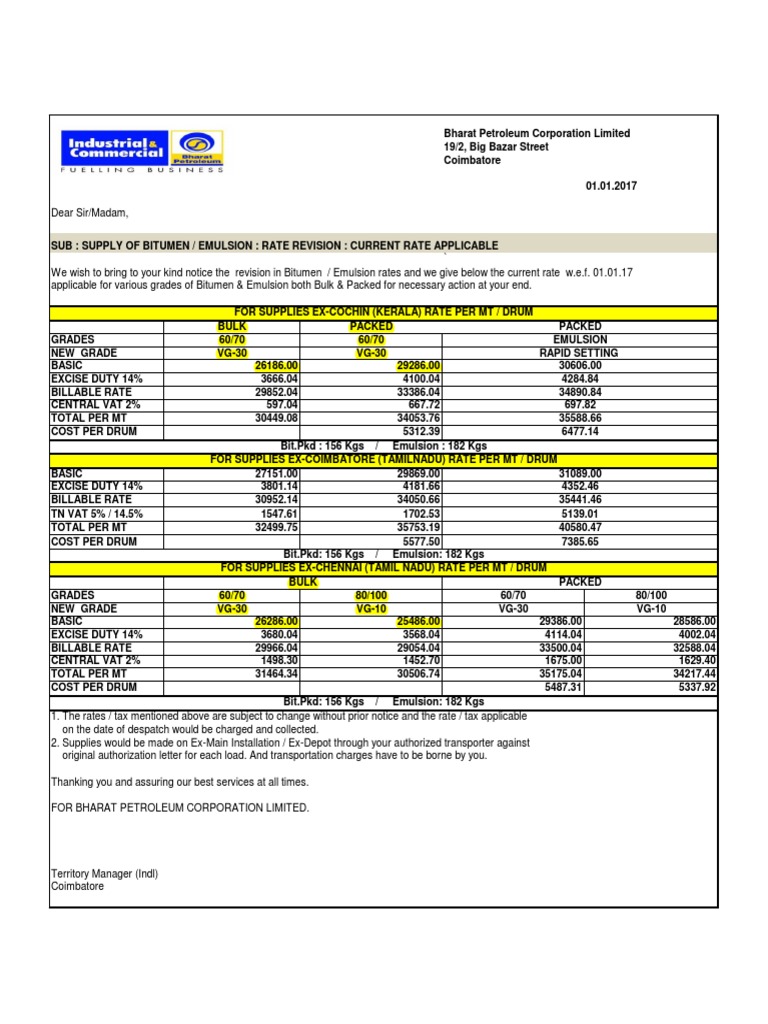 Bitumen and Emulsion Price List 2024 | PDF | Tamil Nadu | Value Added Tax