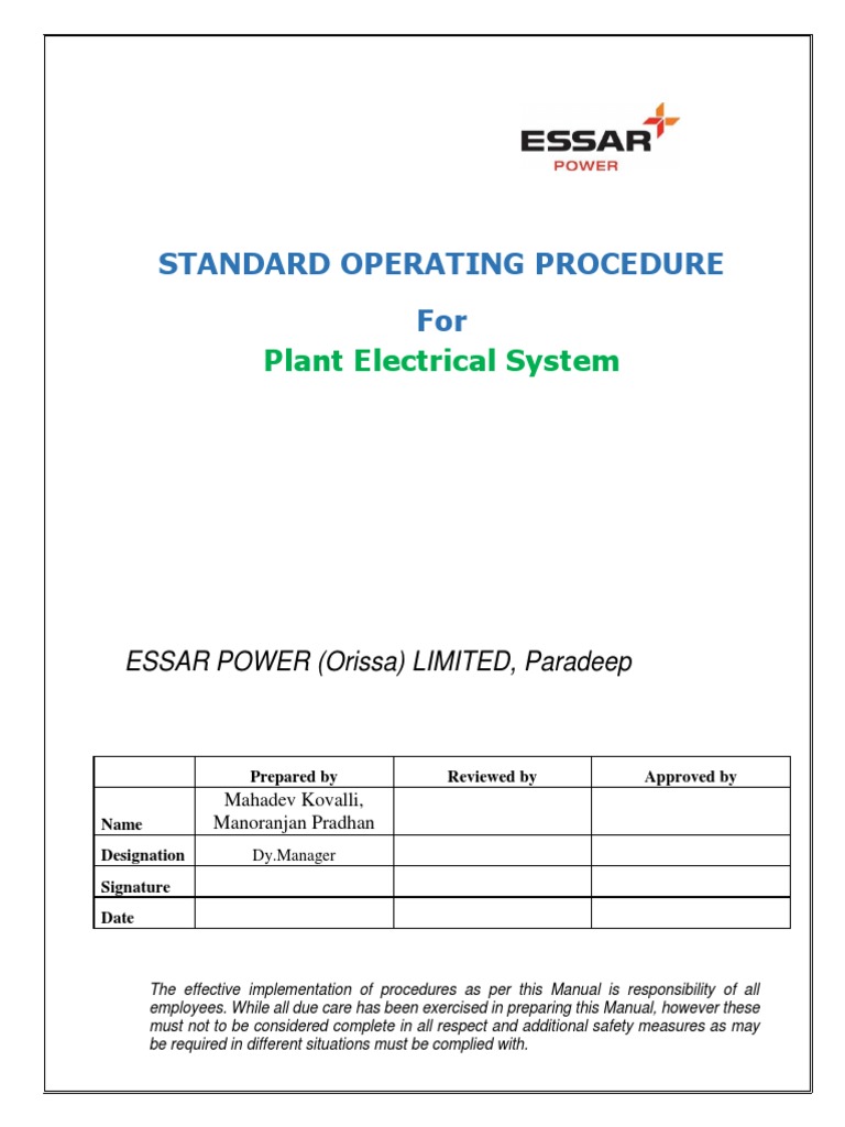 SOP for Electrical System Operations | PDF | Electric Power | Electric ...
