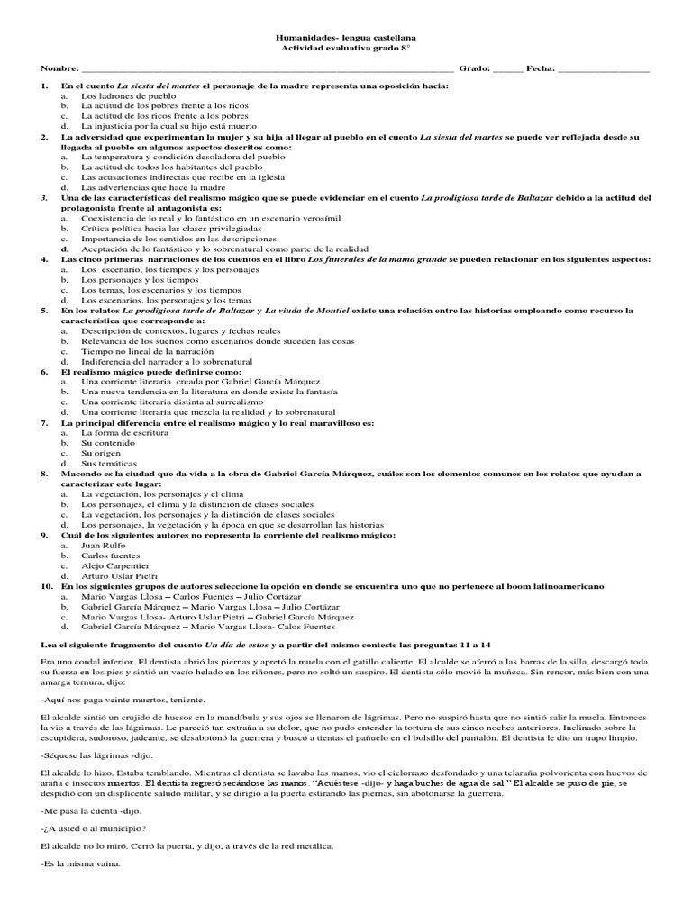 Evaluación del Realismo en Colombia 8° | PDF | Gabriel García Márquez