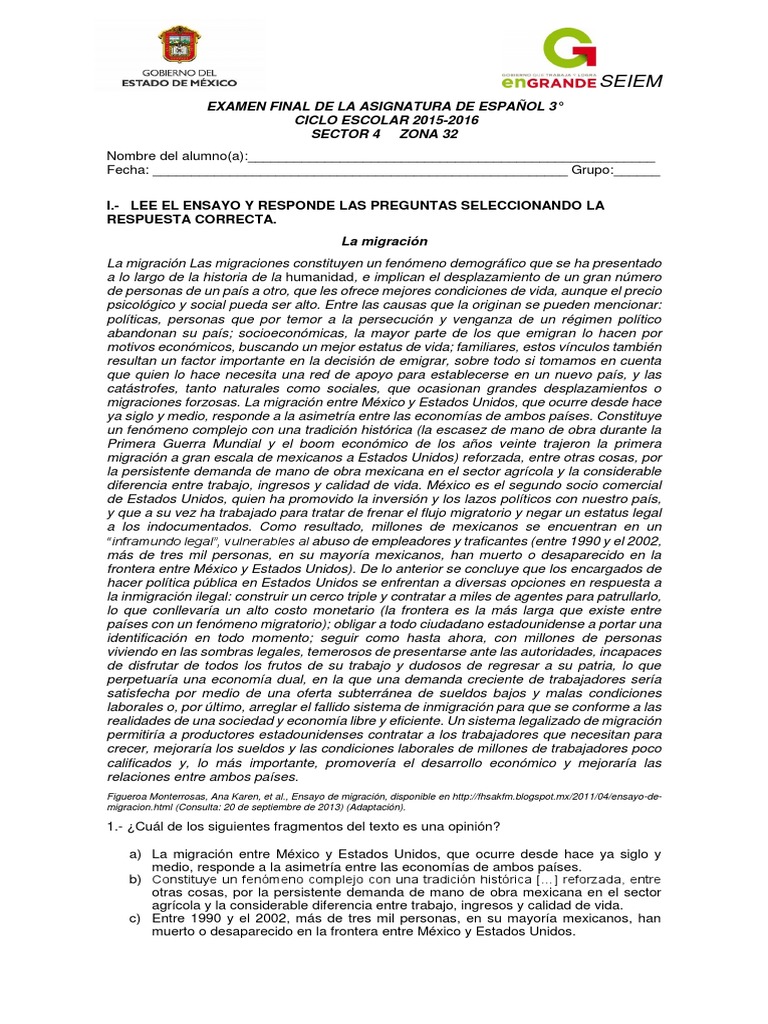 Examen Final Español 3° | PDF | Migración humana | Ph
