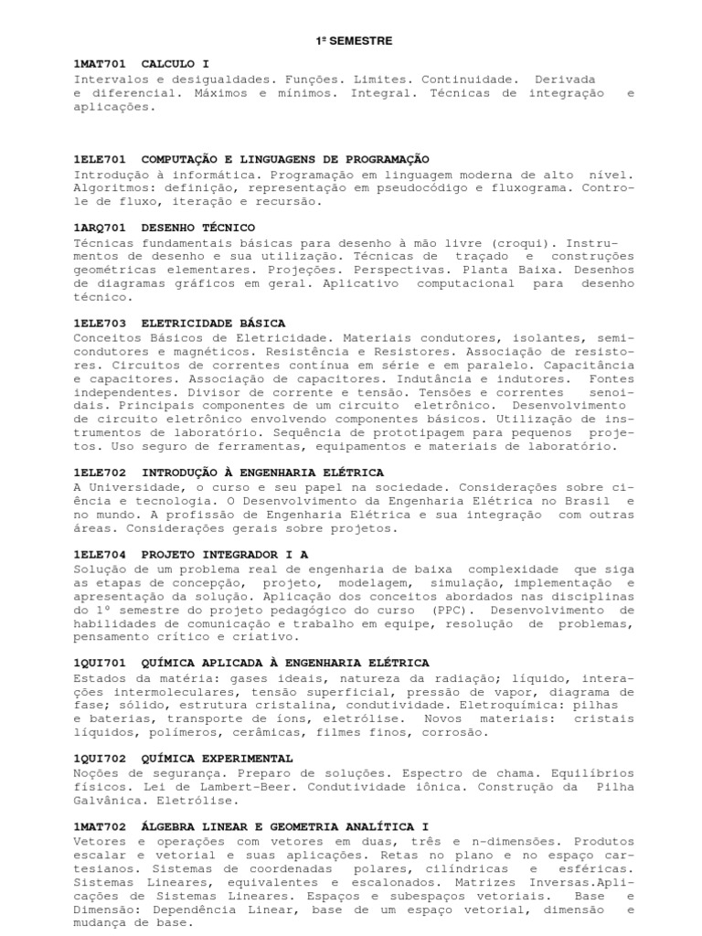 Disciplinas Do 1o Ao 4o Semestre Do Curso De Engenharia Elétrica Pdf