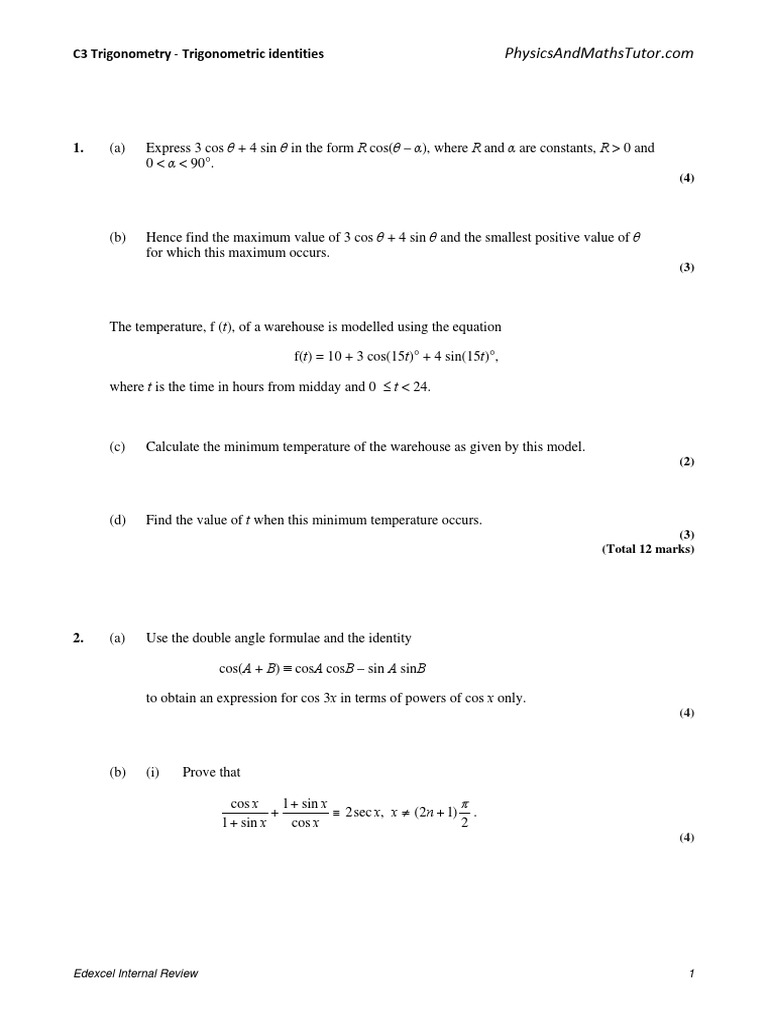 C3 Trigonometry - Trigonometric Identities | PDF | Sine | Trigonometric ...