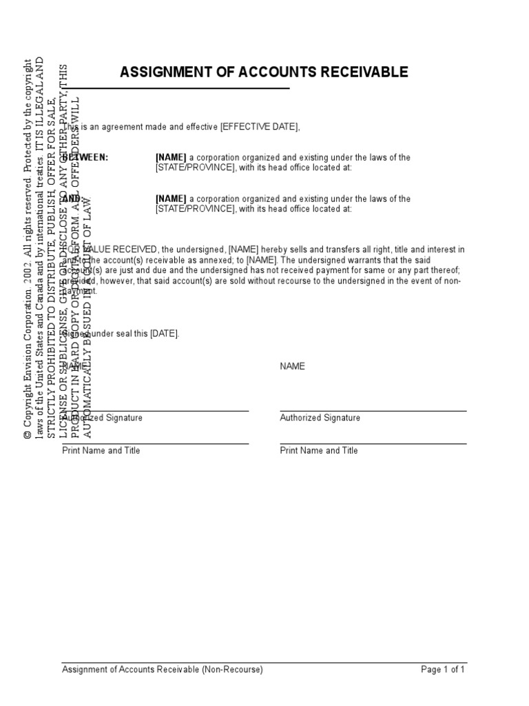 Assignment of Accounts Receivable: Between: (NAME) A Corporation ...