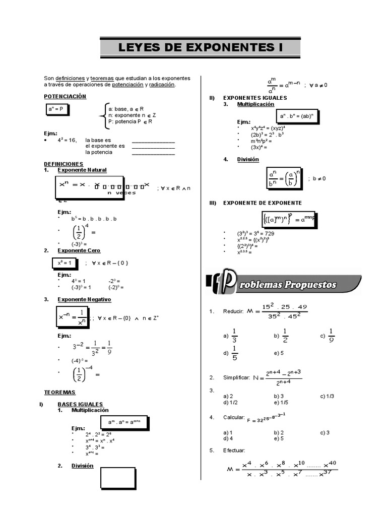 Leyes de Exponentes I | PDF | Números | Matemática Elemental