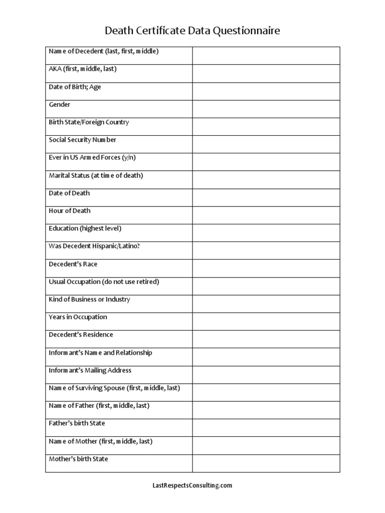 Death Certificate Data Questionnaire Worksheet | PDF | Social Science