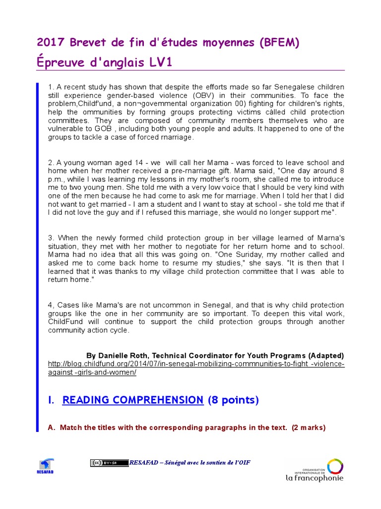 Épreuve D'anglais LV1: 2017 Brevet de Fin D'études Moyennes (BFEM) | PDF