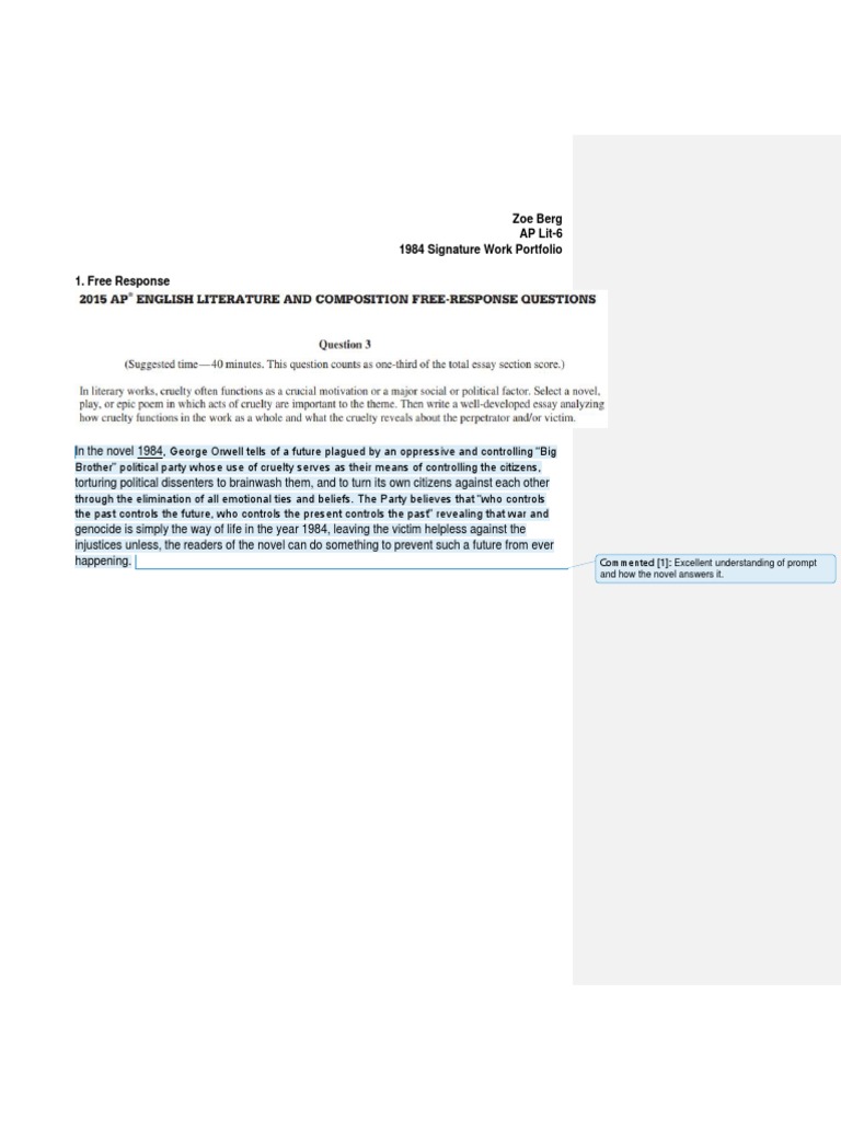 Zoe Berg AP Lit-6 1984 Signature Work Portfolio 1. Free Response | PDF ...