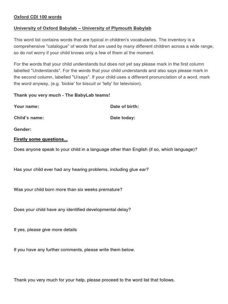 Oxford CDI 100 Words University of Oxford Babylab - University of ...