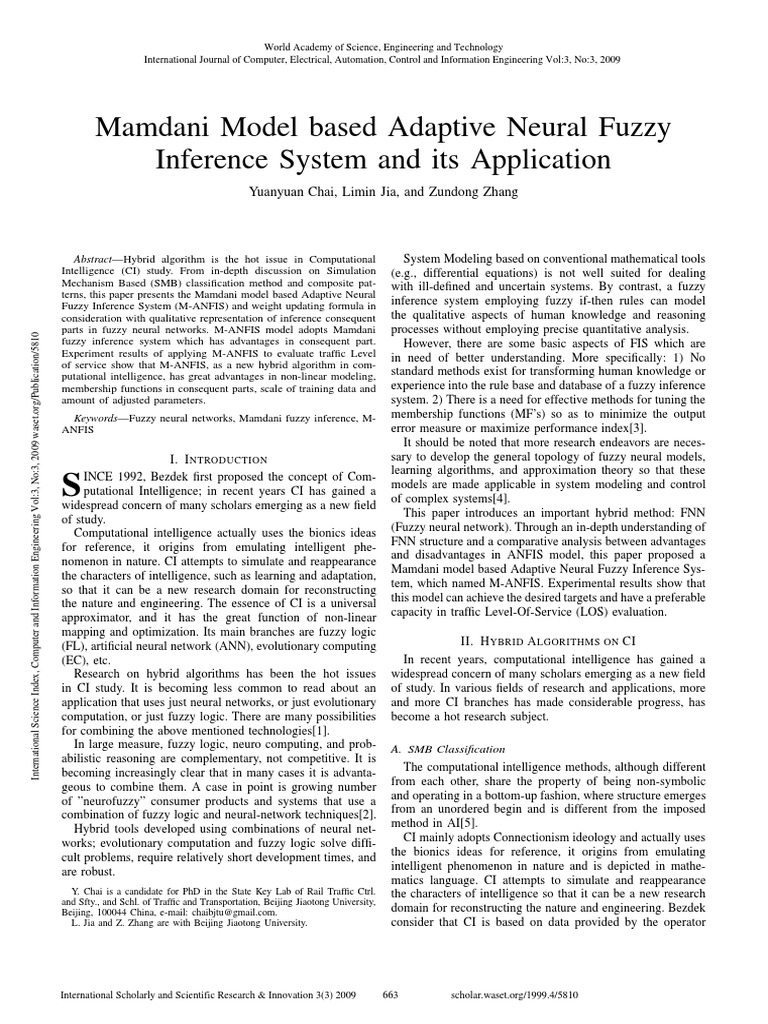Mamdani Model Based Adaptive Neural Fuzzy Inference System And Its Application Pdf
