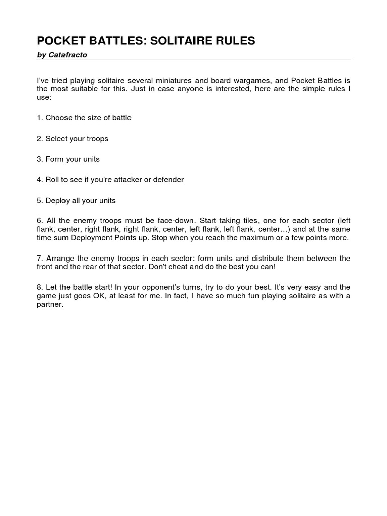 Pocket Battles Solitaire v2 | PDF | Tabletop Games | Games Of Mental Skill