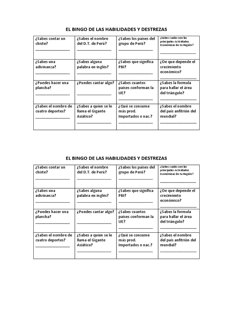Bingo de Habilidades y Destrezas | PDF | Economias | Business