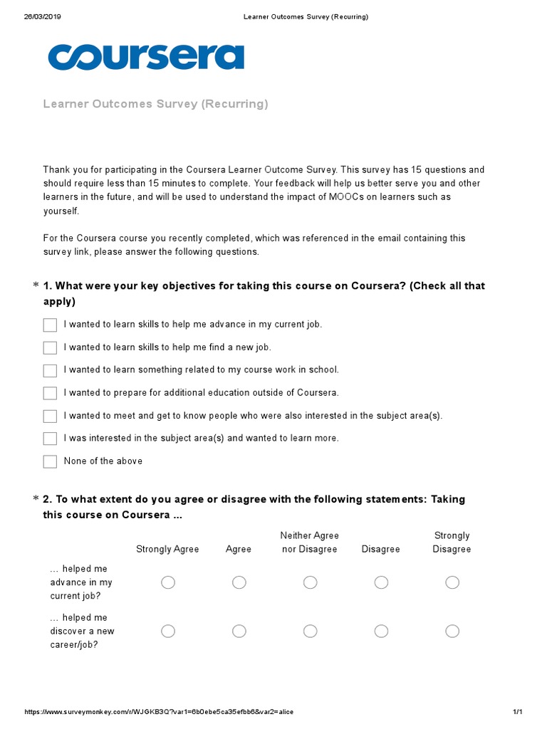 Learner Outcomes Survey (Coursera) PDF | PDF