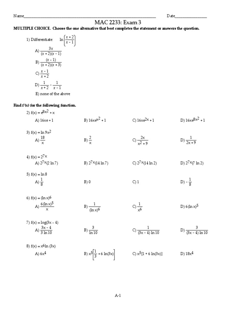 MAC2233 2010 Summer T3A | PDF | Algebra | Mathematical Concepts