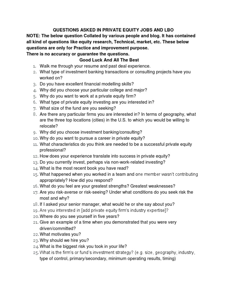 Private Equity and LBO Interview Questions | PDF | Leveraged Buyout ...