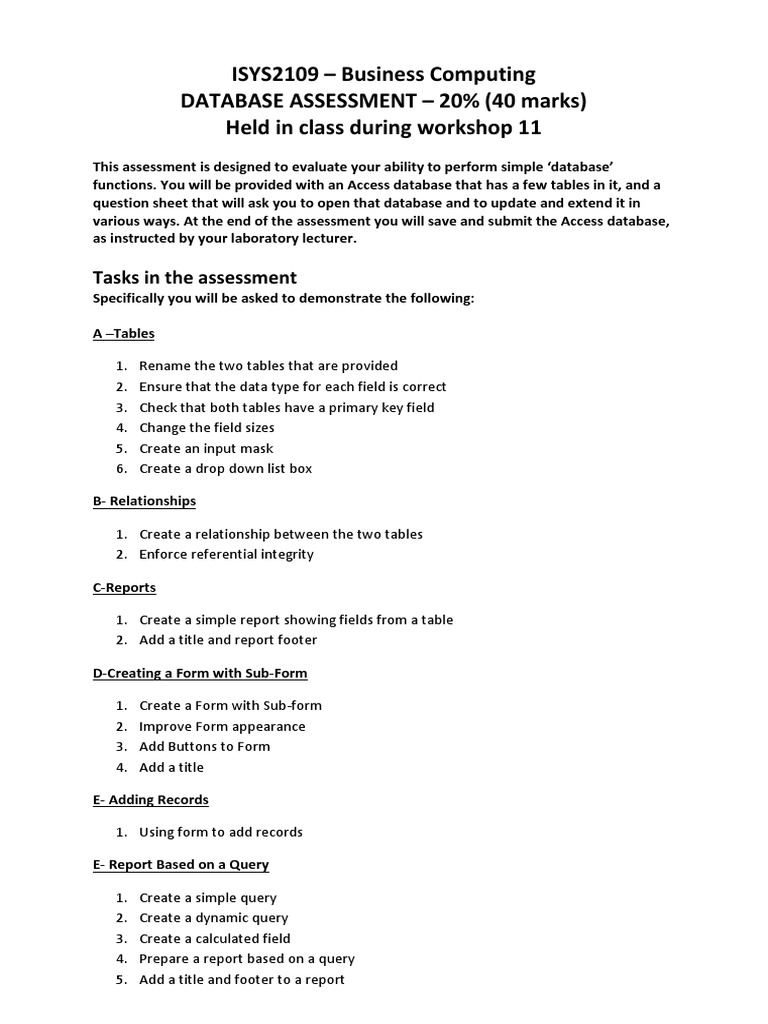 Database Assessment Instructions: An Overview of the In-Class Access Assessment Tasks and ...