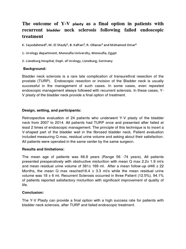 Y-V Plasty for Bladder Neck Sclerosis | PDF