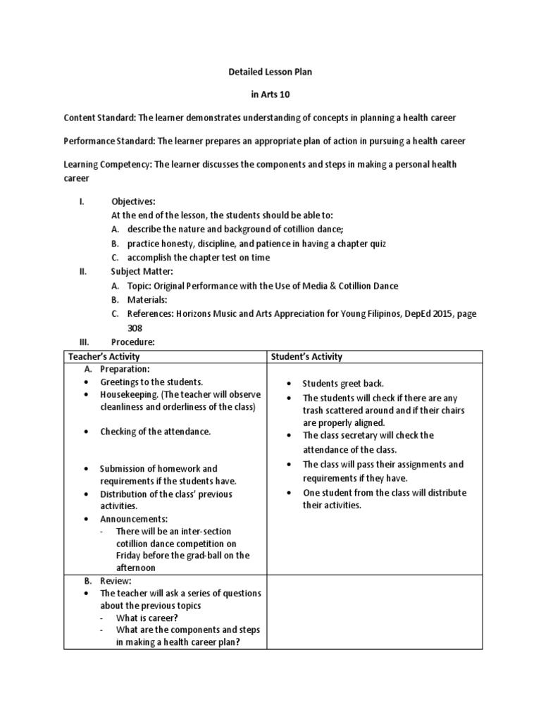 Arts 10: Cotillion Dance Lesson | PDF | Lesson Plan | Behavior Modification