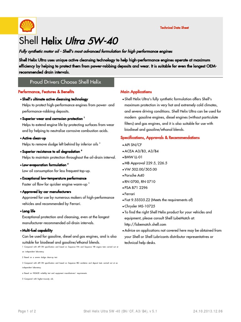 Gpcdoc Gtds Shell Helix Ultra 5w 40 SN CF A3 b4 en Tds | PDF | Motor ...