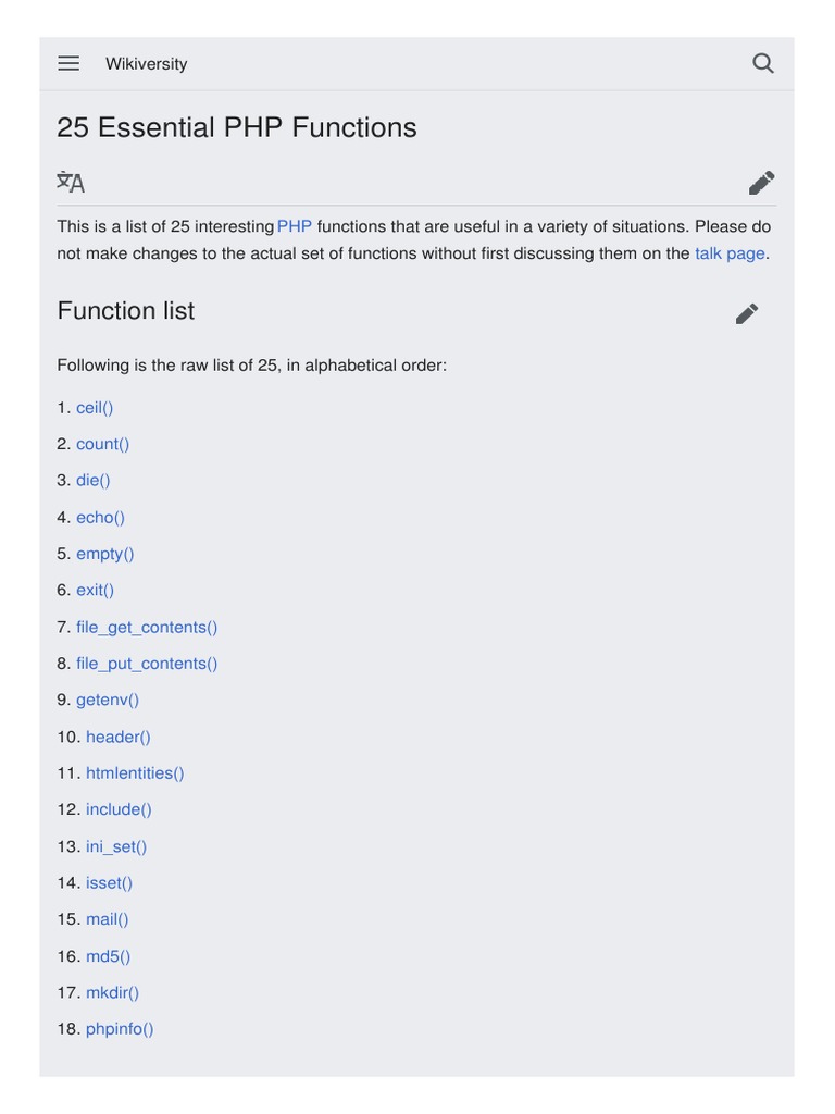 25 Essential PHP Functions Wikiversity | PDF | Php | World Wide Web